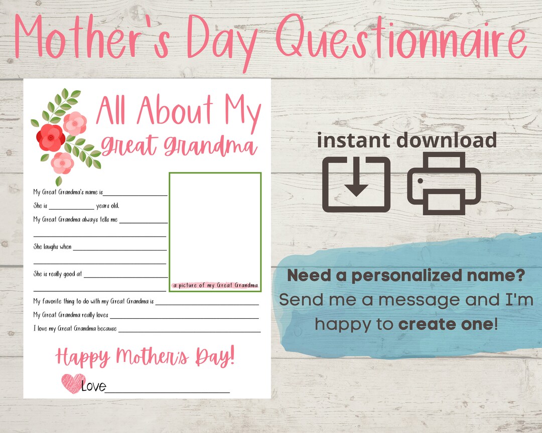 All About Great Grandma - Mother's Day Questionnaire - Mothers Day ...