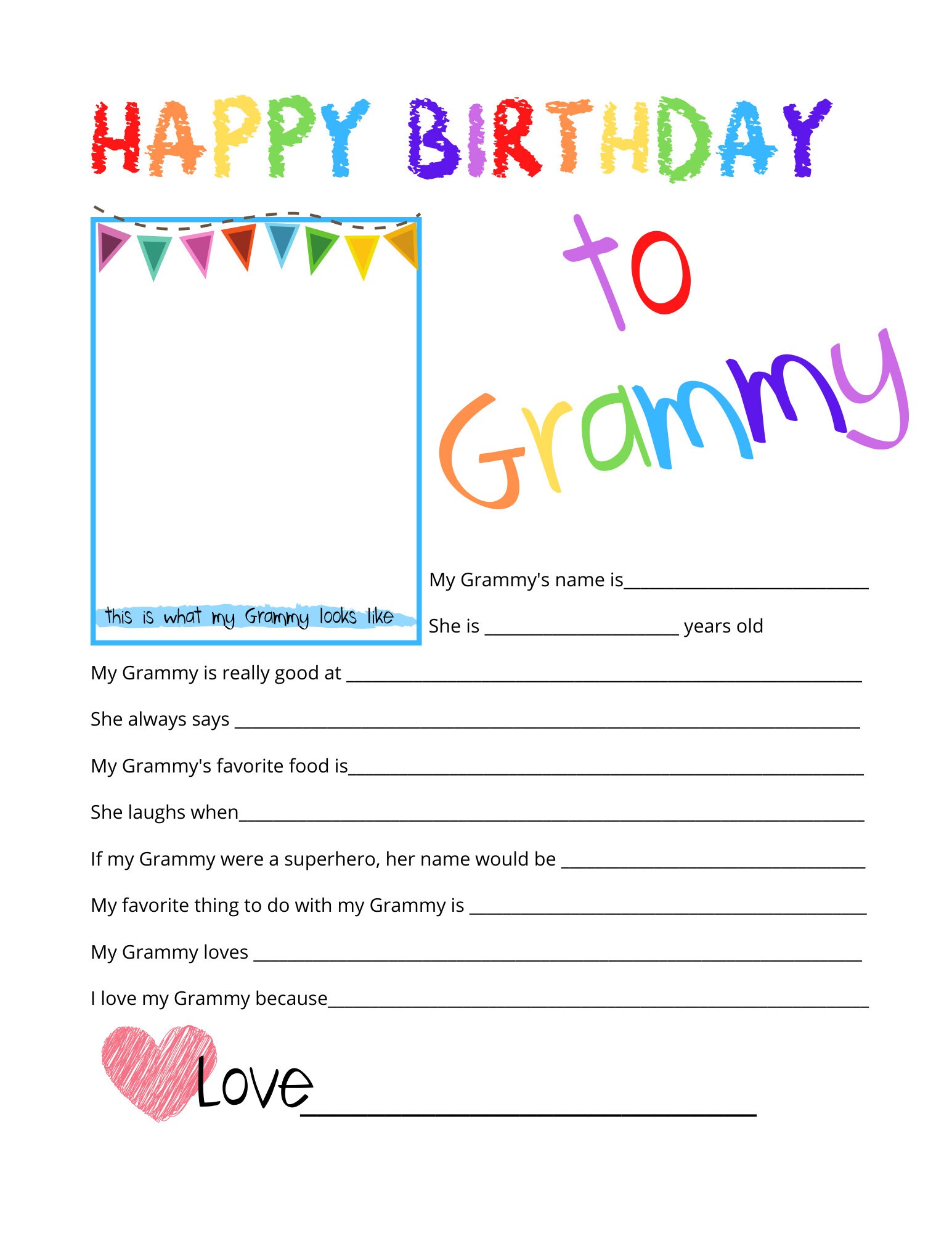 All About My Grammy - Happy Birthday - Printable - Questionnaire ...