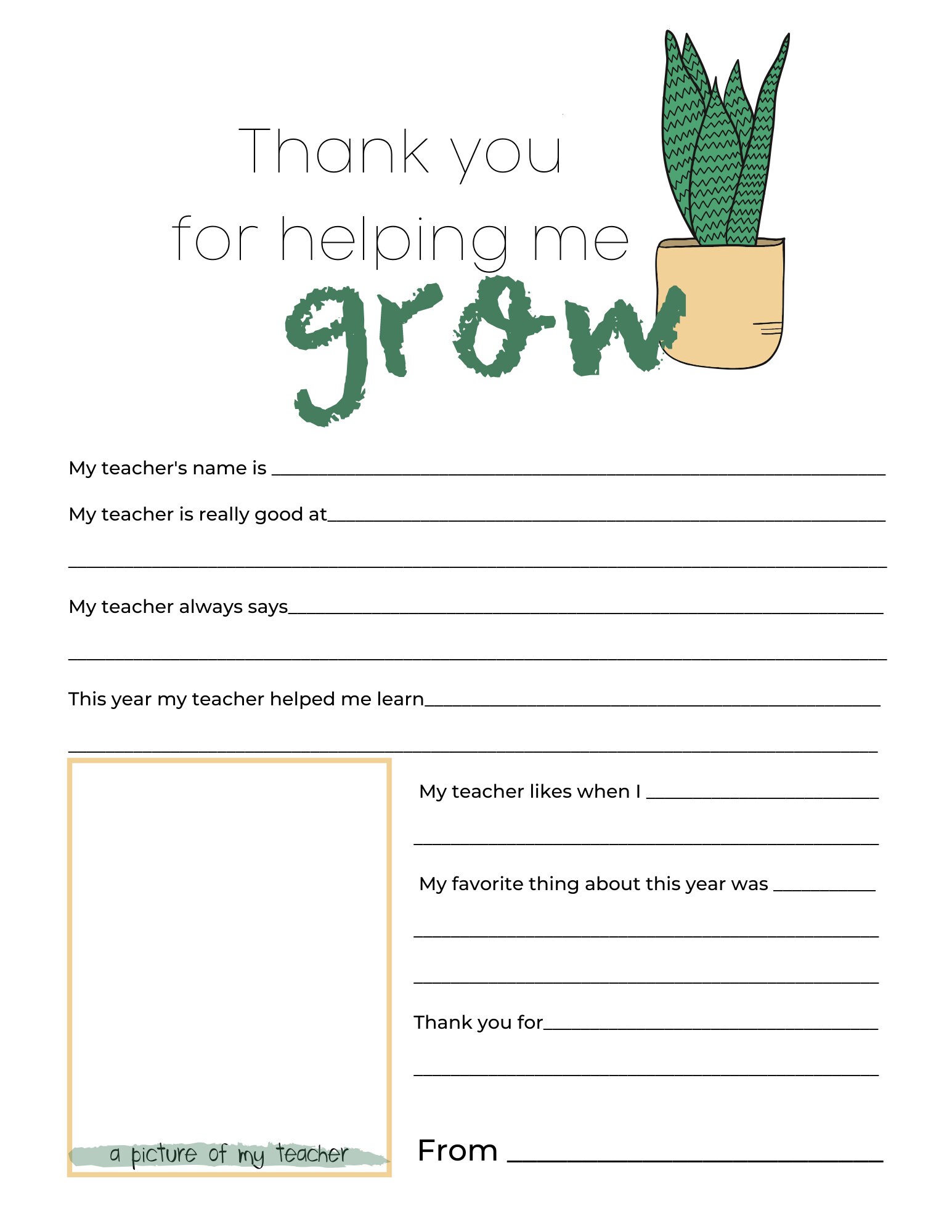 Thanks for Helping Me Grow - All About My Teacher Printable - End of ...