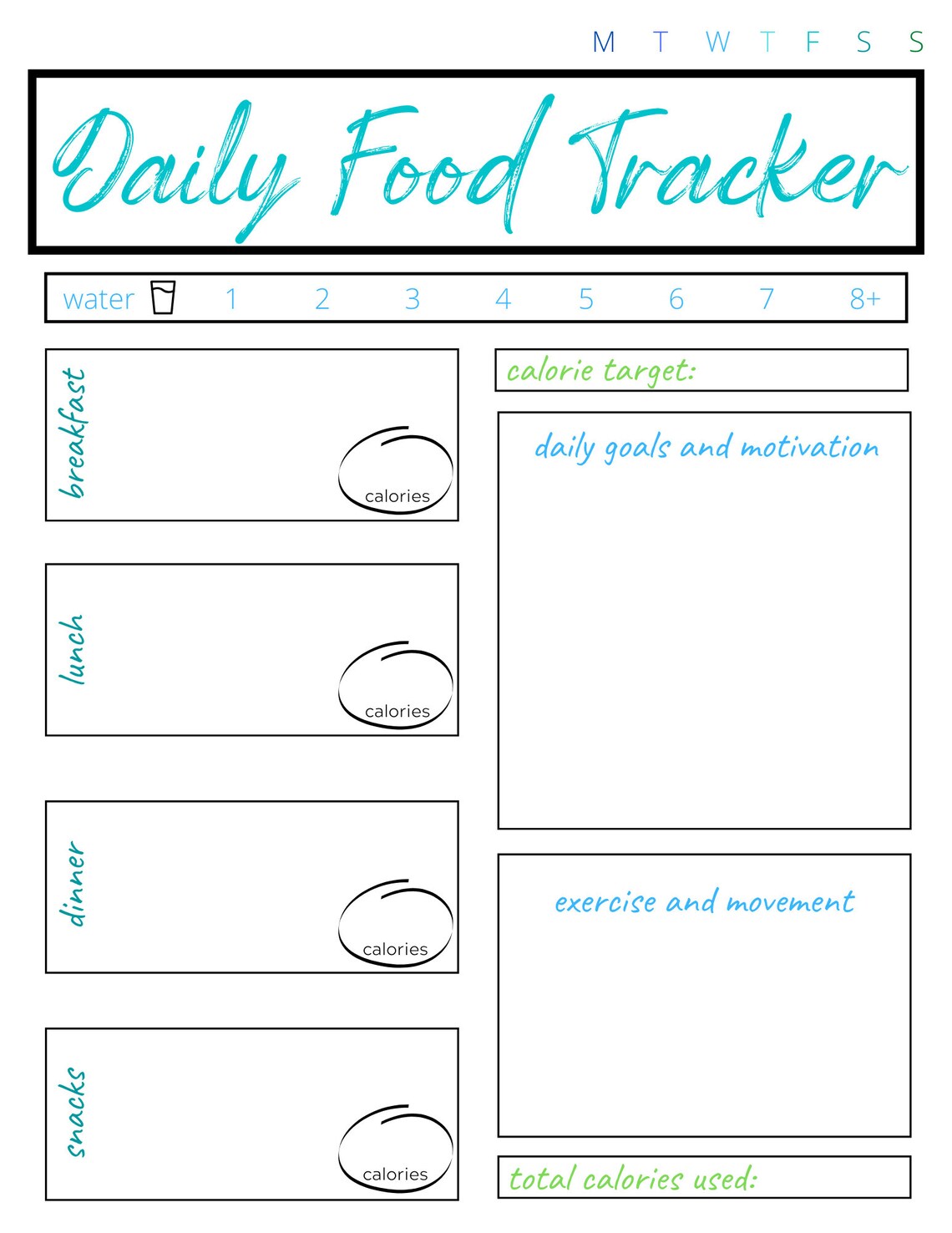 Daily Food Calorie Tracker Printable - Weight Loss Tracker - Daily Meal ...