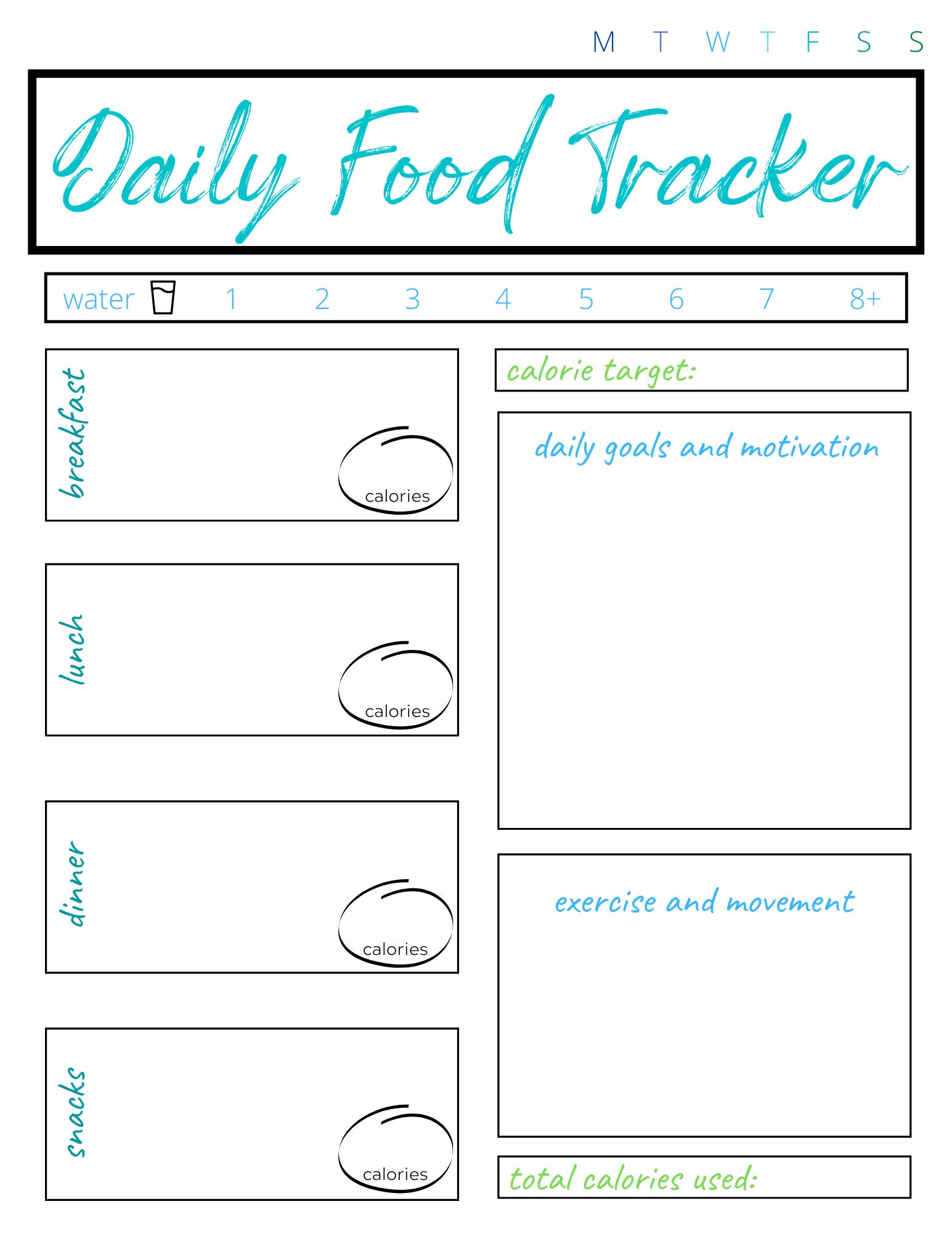 Daily Food Calorie Tracker Printable - Weight Loss Tracker - Daily Meal ...