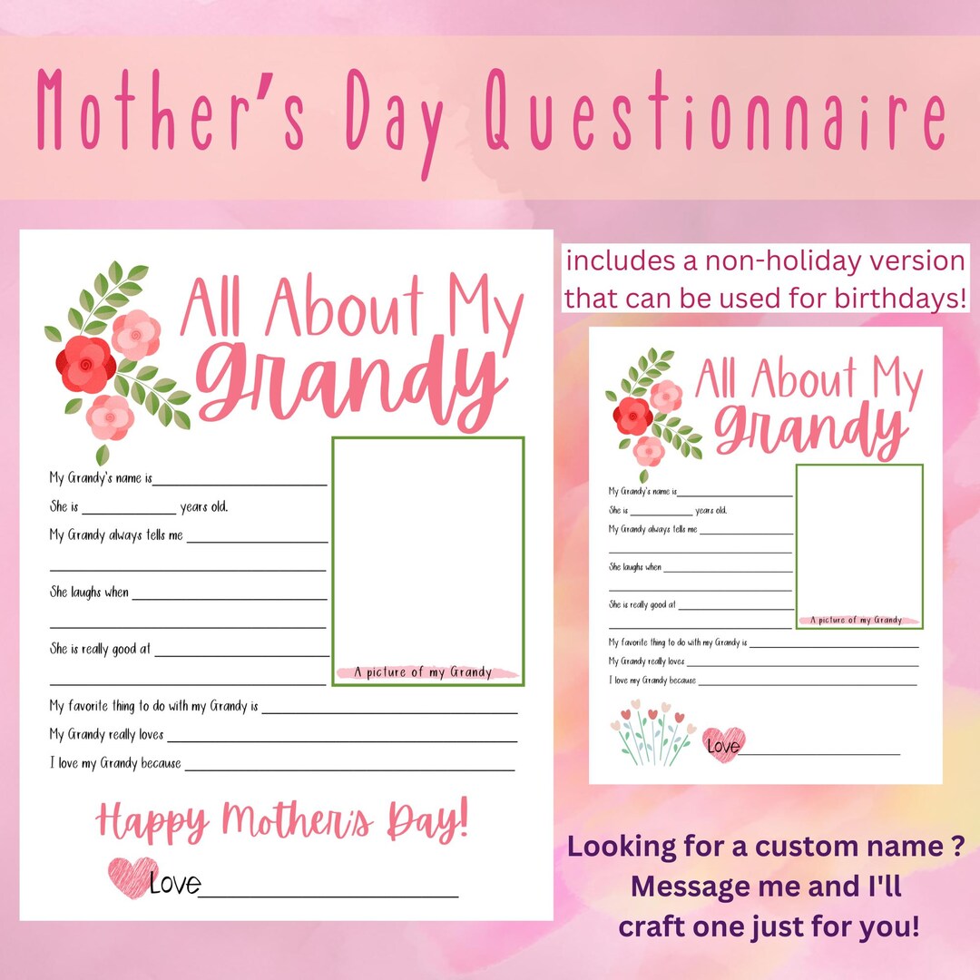 All About My Grandy - Mother's Day Questionnaire - Mothers Day Survey - Questions - Fill in the ...