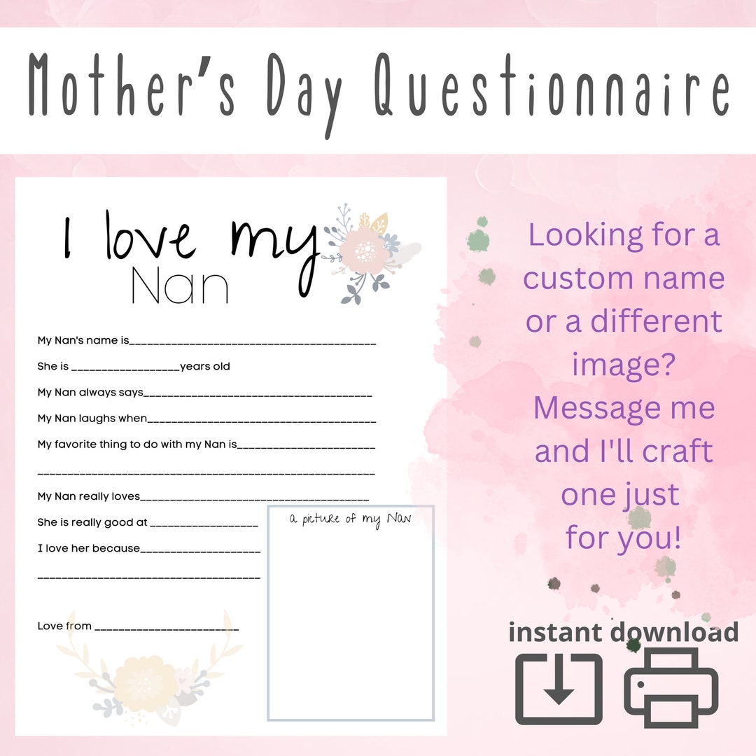 I Love My Nan Questionnaire, Mother's Day Fill-in Printable (digital ...