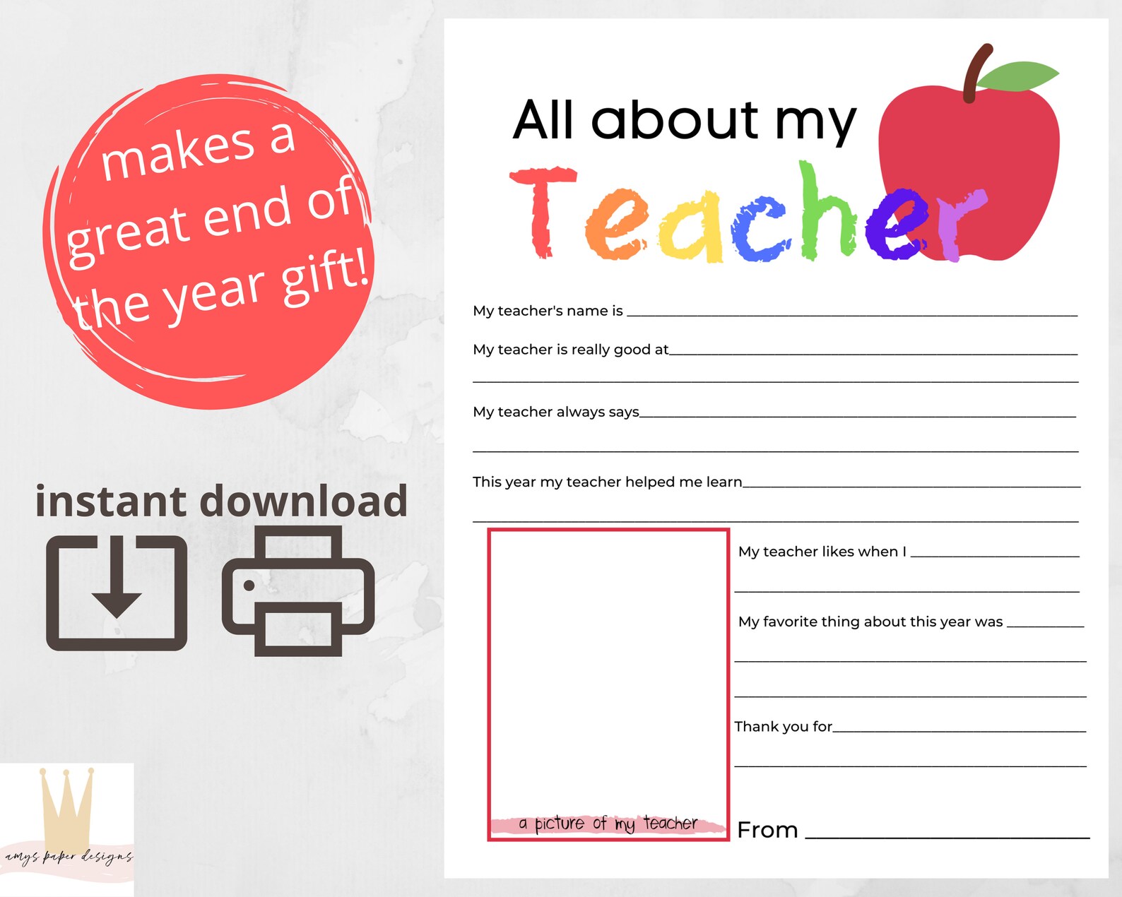 All About My Teacher Printable End Of Year Gift Thank You | Etsy