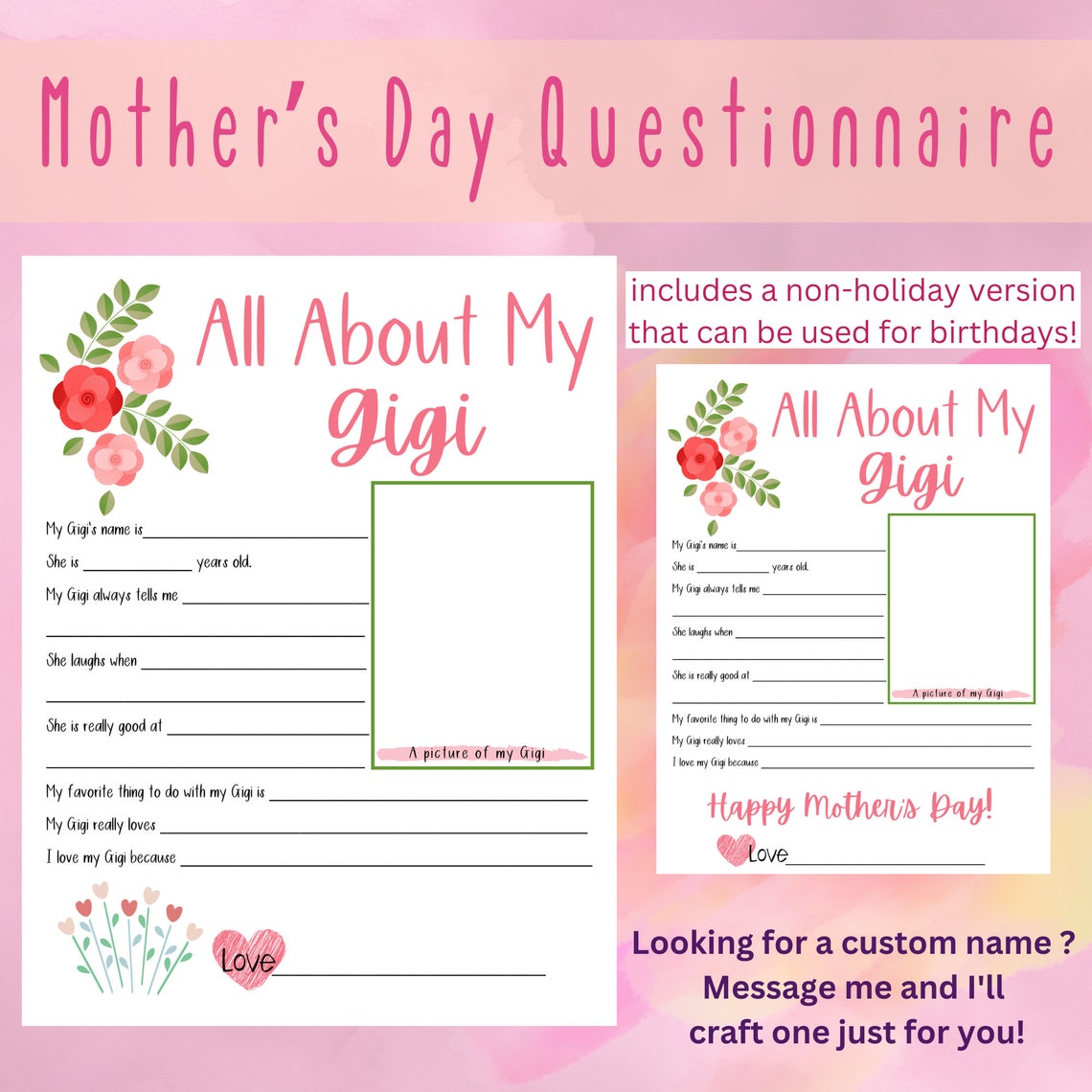 All About My Gigi, Mother's Day Questionnaire, Grandma, Survey ...