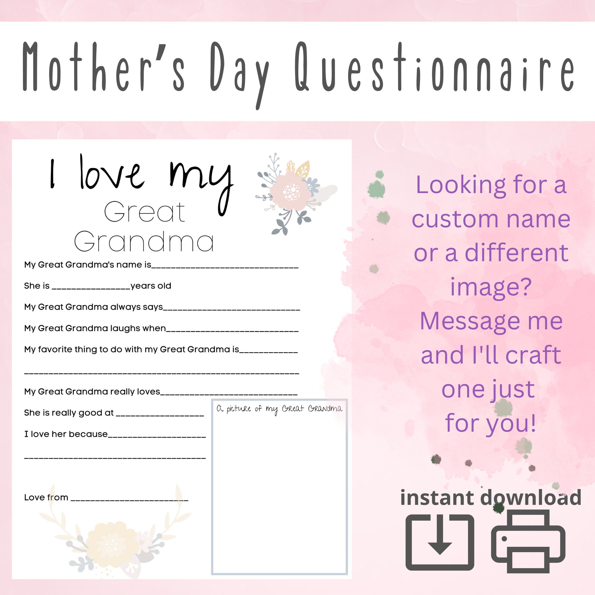 I Love My Great Grandma, Mother's Day Questionnaire, Survey, Fill in ...