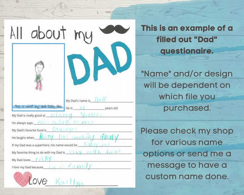 All About My Bonus Dad Fathers Day Questionnaire Survey Questions Fill