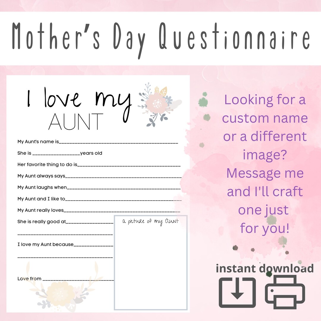 I Love My Aunt, Mother's Day Questionnaire, Auntie, Survey, Questions ...