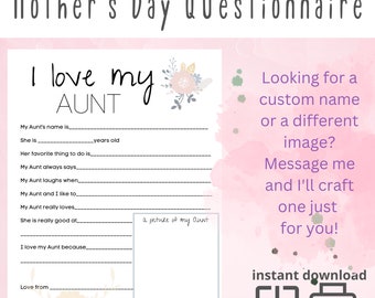All About My Aunt Mother's Day Questionnaire Instant Downloadable PDF ...