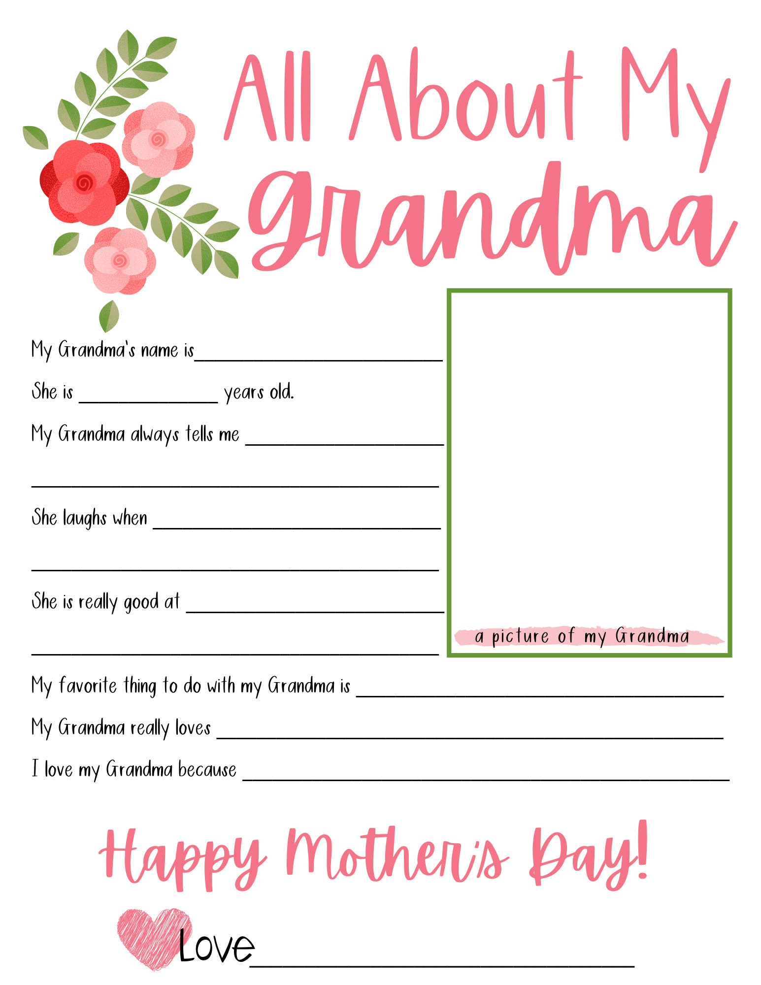 All About My Grandma Mother's Day Questionnaire - Etsy