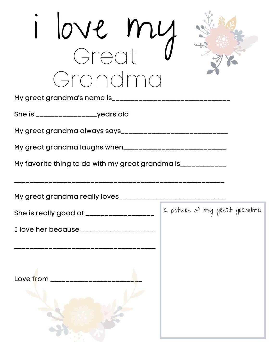 I Love My Great Grandma Mother's Day Questionnaire - Etsy Canada