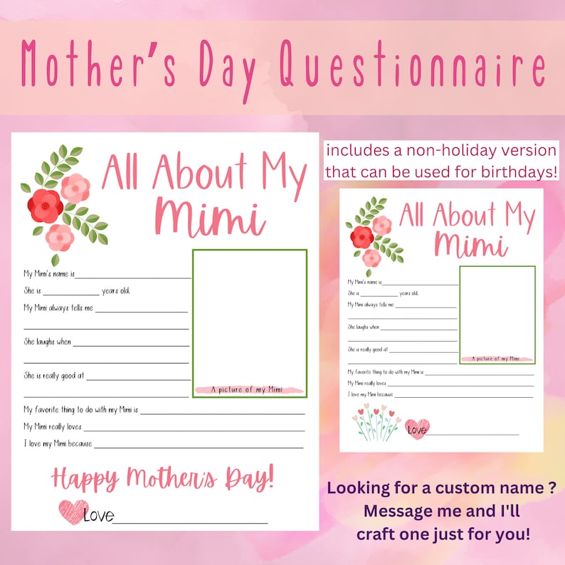 All About My Mimi, Mother's Day Questionnaire, Grandma, Survey ...