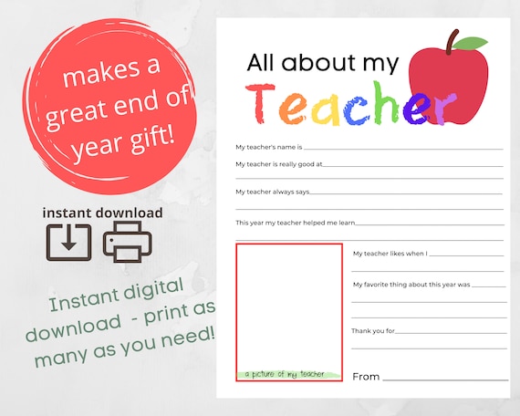 All About My Teacher Printable End of Year Gift Thank You | Etsy