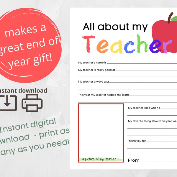 All About My Teacher Printable End of Year Gift Thank You Gift Teacher ...