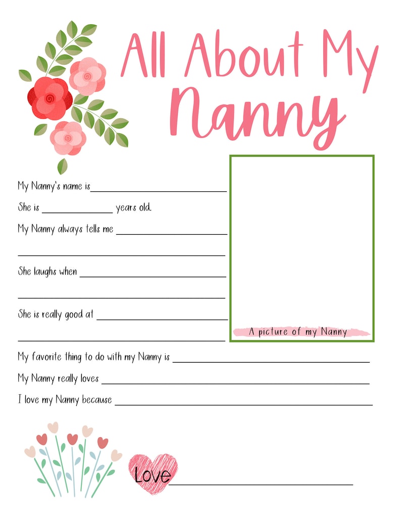 All About My Nanny, Mother's Day Questionnaire, Survey, Questions, Fill ...