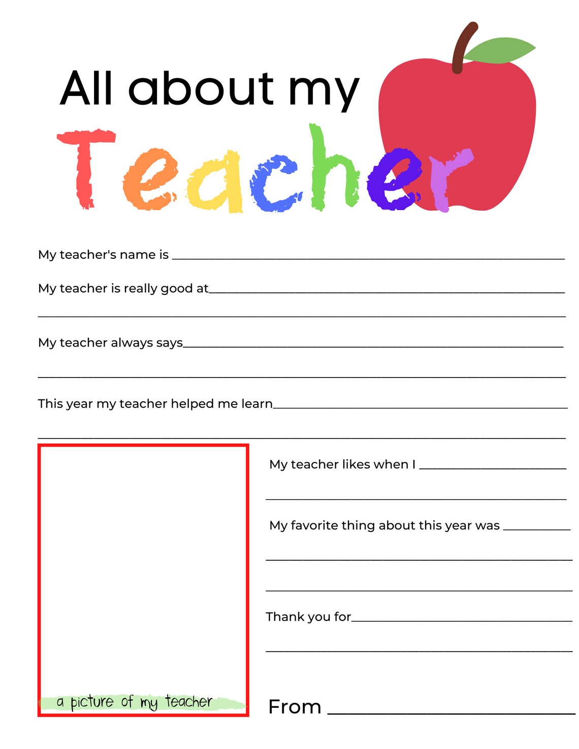 All About My Teacher Printable: End of Year Gift (PDF & PNG) - Etsy