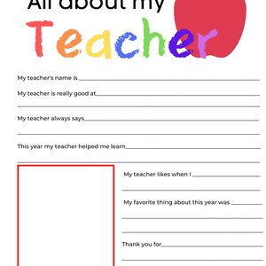 All About My Teacher Printable - End of Year Gift - Thank You Gift ...