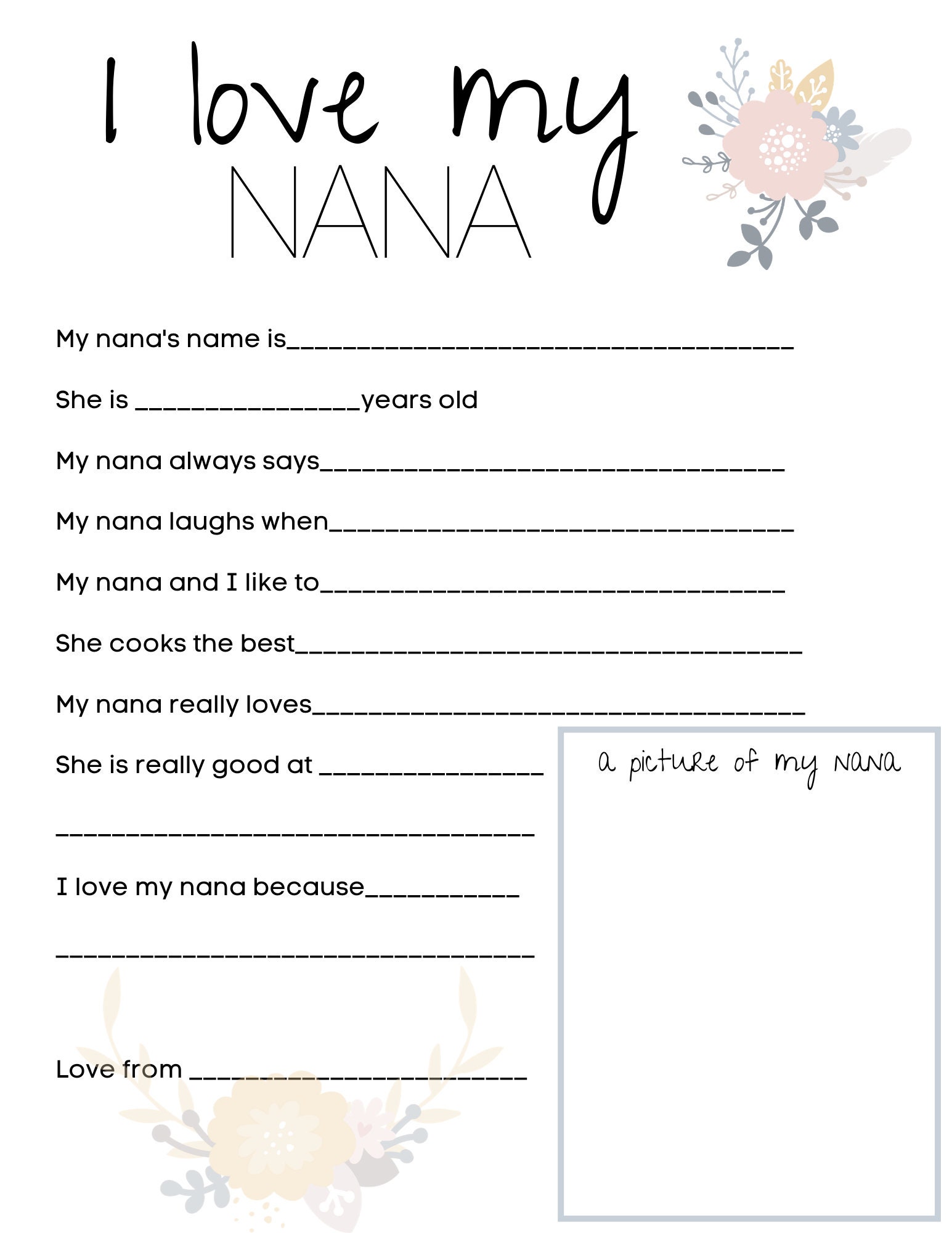I Love My Nana, Mother's Day Questionnaire, Survey, Questions, Fill in ...