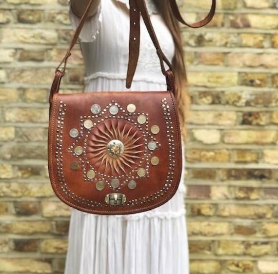 Hippie LEATHER BAG Gypsy Coins Boho Leather Purse Stone - Etsy