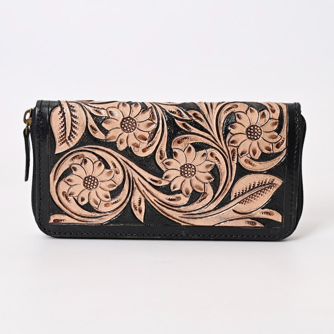 LARGE WOMEN WALLET With Zipper - Flower Tooled Long Leather Wallet ...