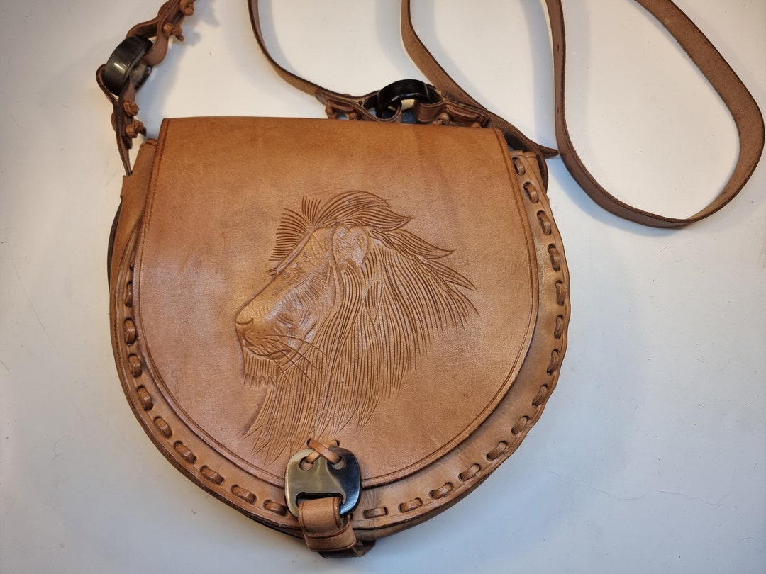 LION LEATHER BAG, Vintage Western Purse, Wild Cat Head Tooled Leather ...