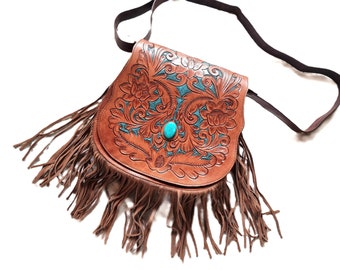Turquoise Floral Embellished Fringe Leather Crossbody Bag Handmade ...