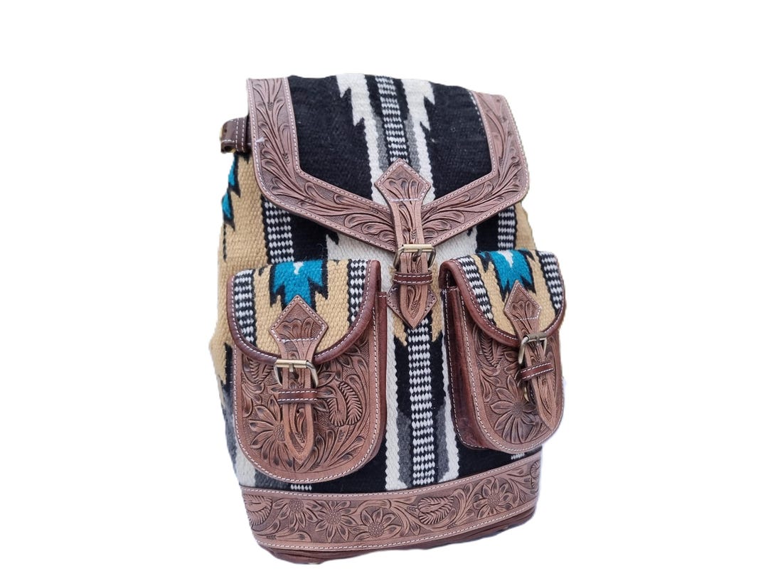 AZTEC LEATHER BACKPACK - Navajo Blanket Western Bag - Tooled Leather ...