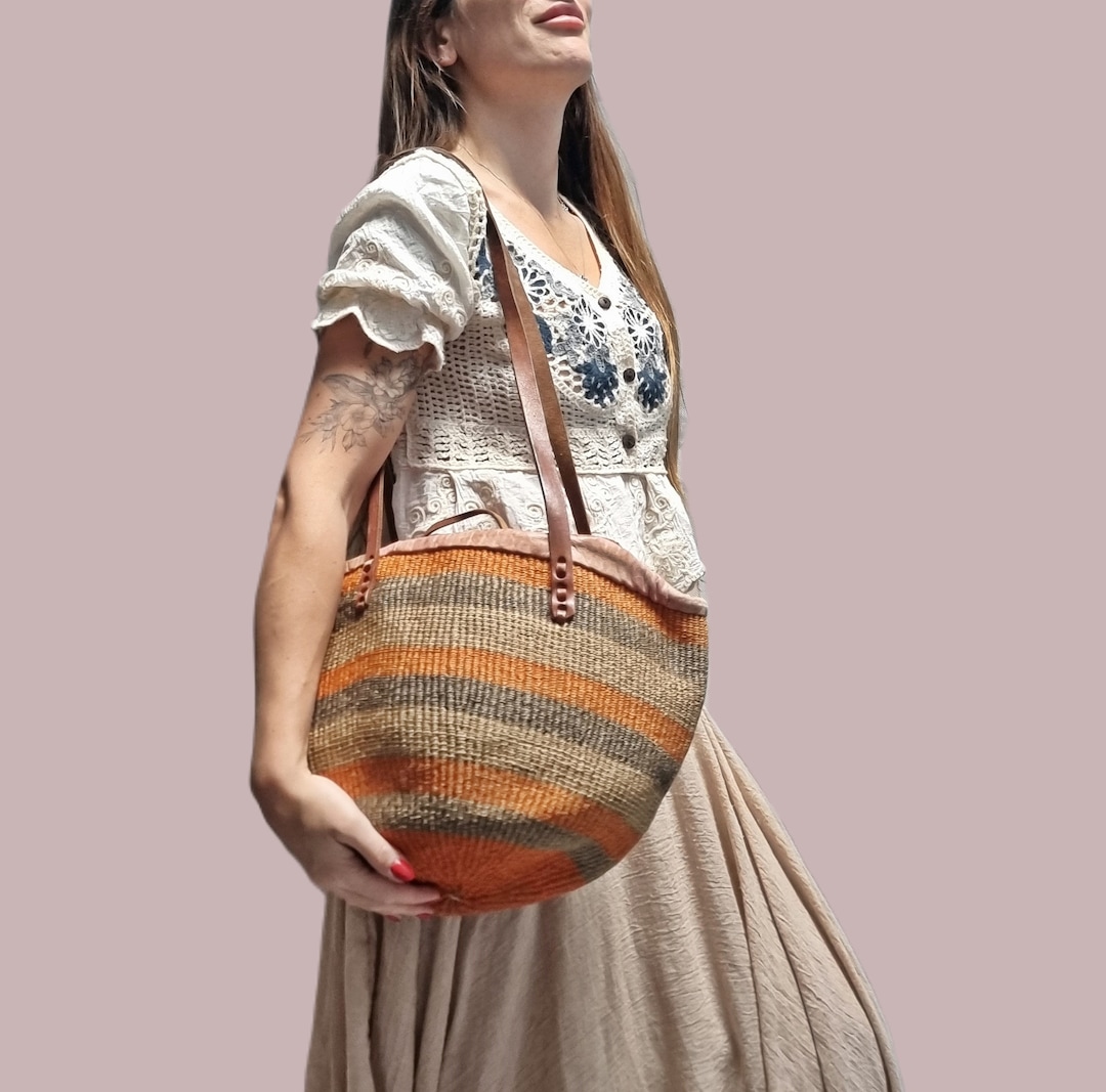 Handmade Sisal Bucket Bag With Leather Drawstring Extra Large Genuine ...