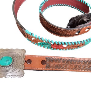 Floral TOOLED LEATHER BELT With Western Buckle and Turquoise Stone ...