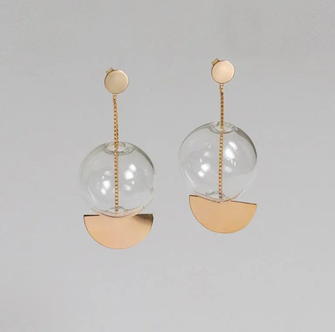 Geometric HALF MOON EARRINGS With Hand Blown Clear Glass Ball ...