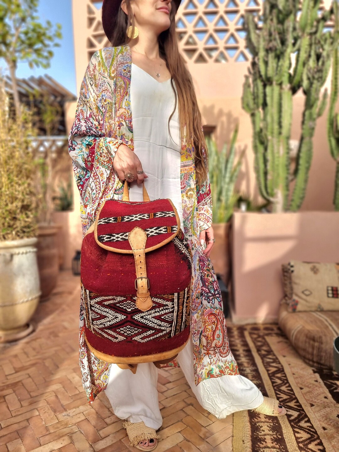 22 OVERSIZE LEATHER BACKPACK With Moroccan Kilim Carpet, Extra Large ...