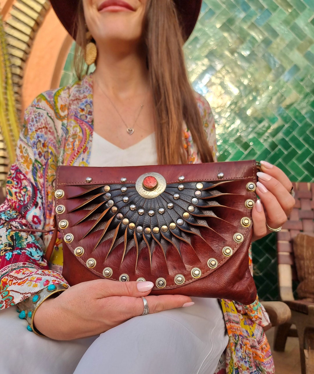 Unique HALF MOON LEATHER Bag, Boho Women Purse Rising Sun, Small ...
