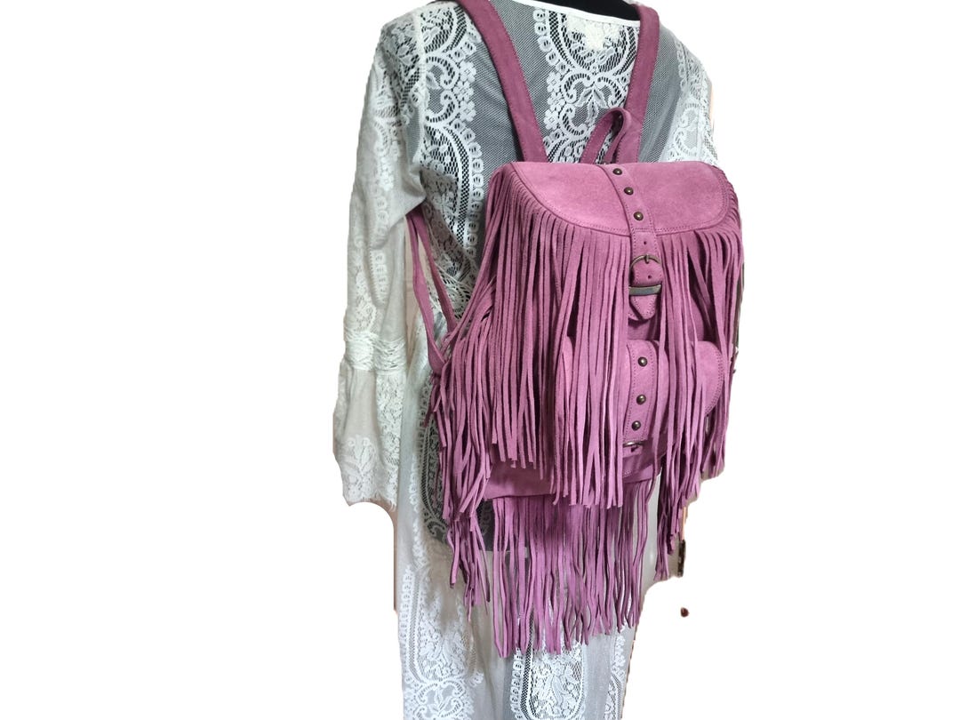 Large Boho Leather Fringe Backpack | Vintage Suede Tassel Rucksack ...