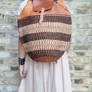 Vintage Sisal Bucket Backpack Purse With Real Leather Handles Extra ...