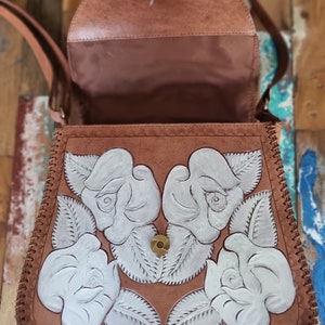 Hand Painted WHITE ROSE LEATHER Bag, Tooled Flower Purse Boho, Embossed ...