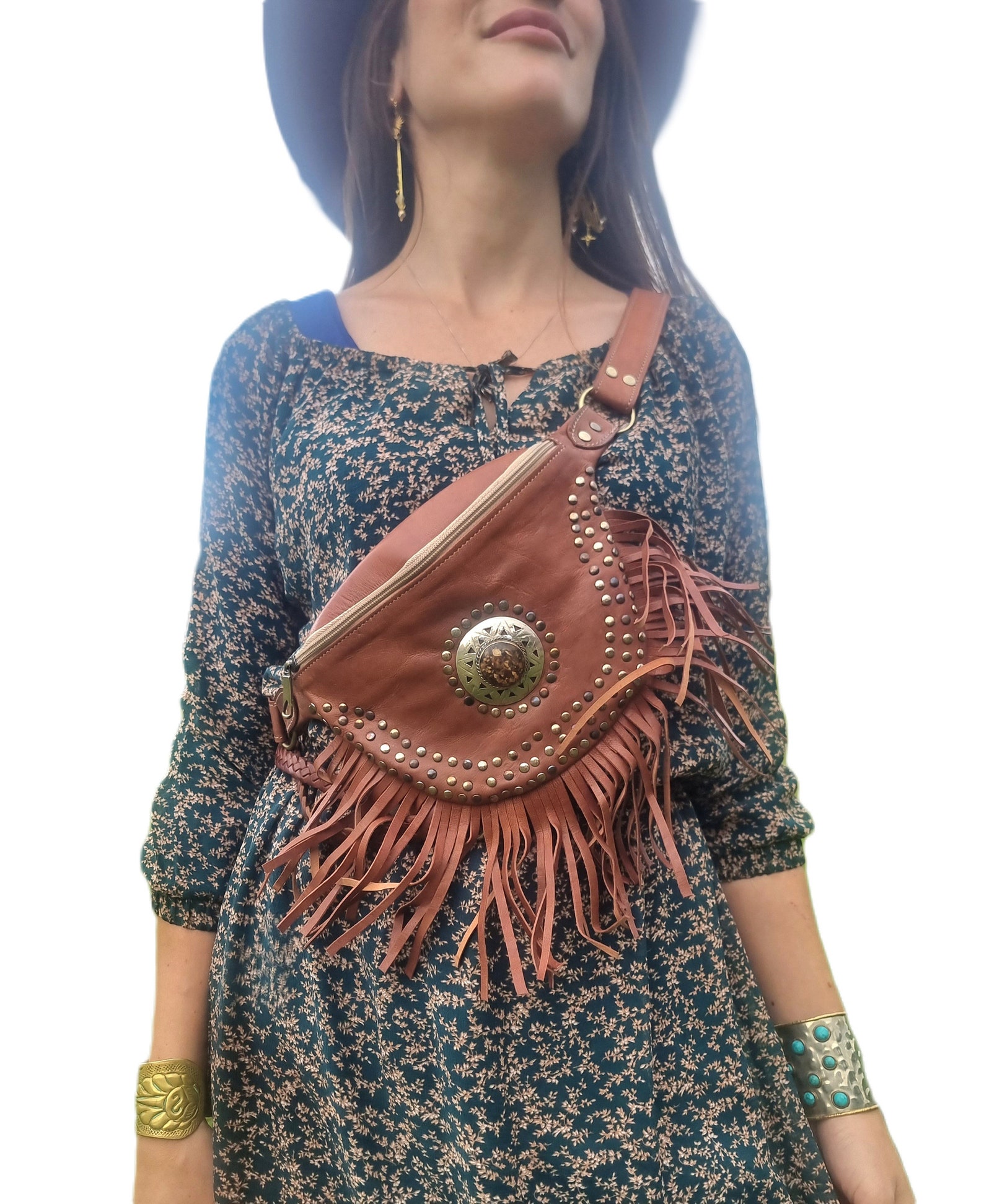 Studded Leather Bum Bag With Fringe Women Hip Bag Vintage Style Western ...