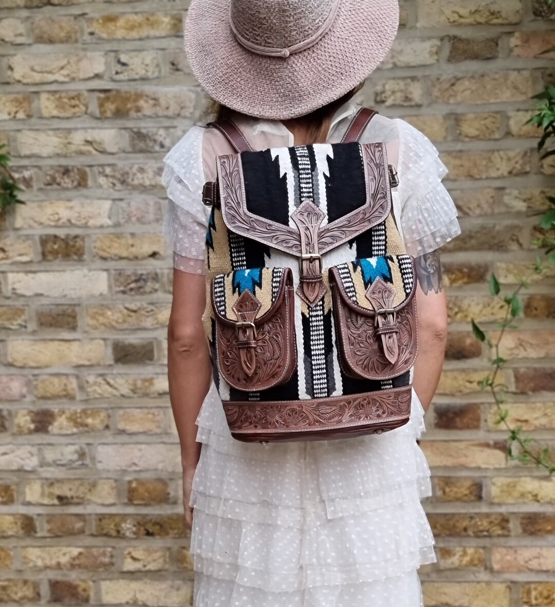 TOOLED LEATHER BACKPACK With Navajo Blanket - Aztec Rucksack for Women ...