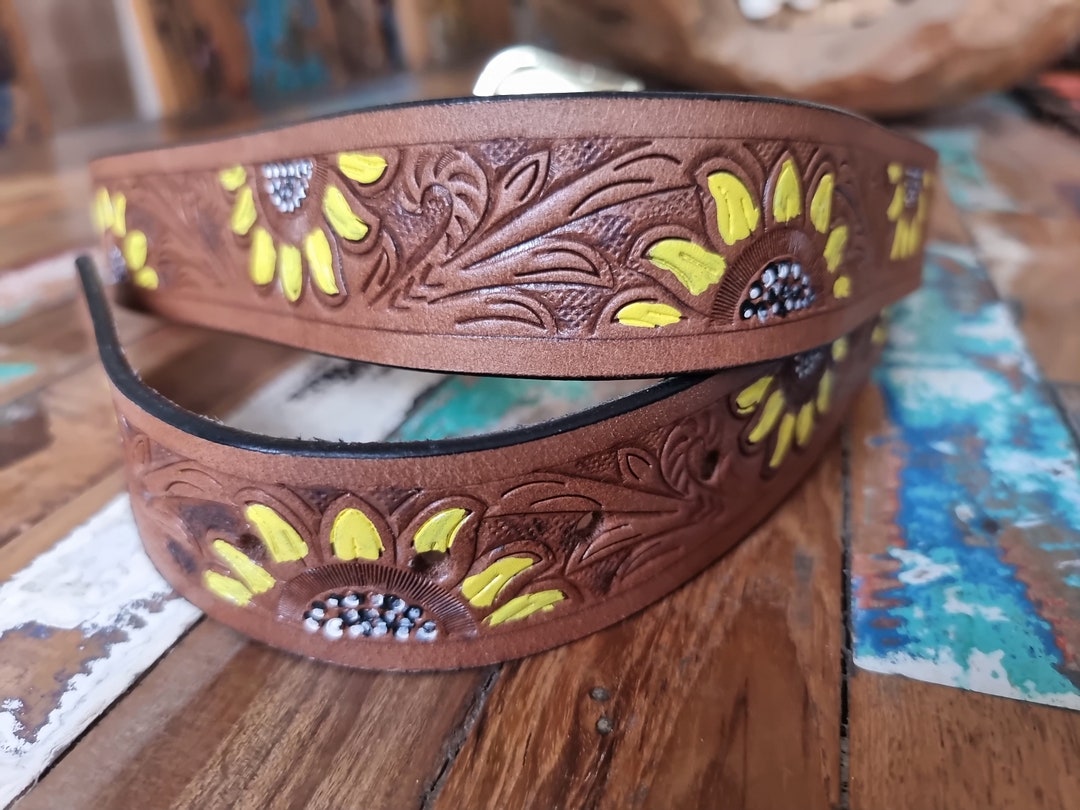 HIPPIE SUNFLOWER BELT, Western Style Leather Belt, Tooled Women's Boho ...
