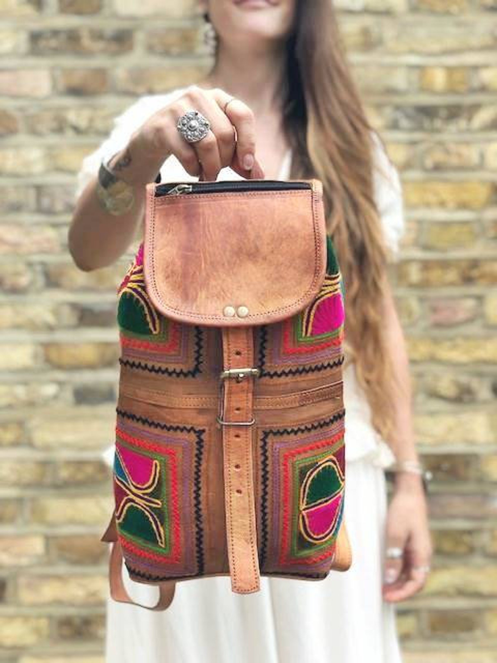 HIPPIE FLOWER LEATHER Backpack Ethnic Vintage Rucksack - Etsy UK