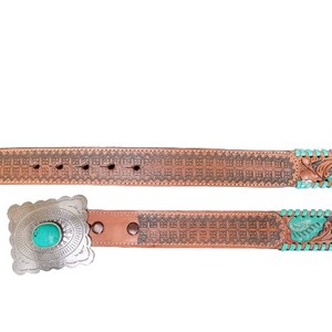 Floral TOOLED LEATHER BELT With Western Buckle and Turquoise Stone ...
