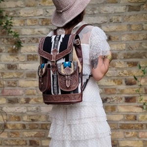 TOOLED LEATHER BACKPACK With Navajo Blanket - Aztec Rucksack for Women ...