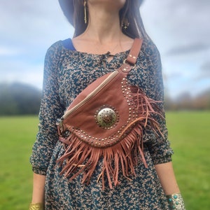 Studded Leather Bum Bag With Fringe Women Hip Bag Vintage - Etsy