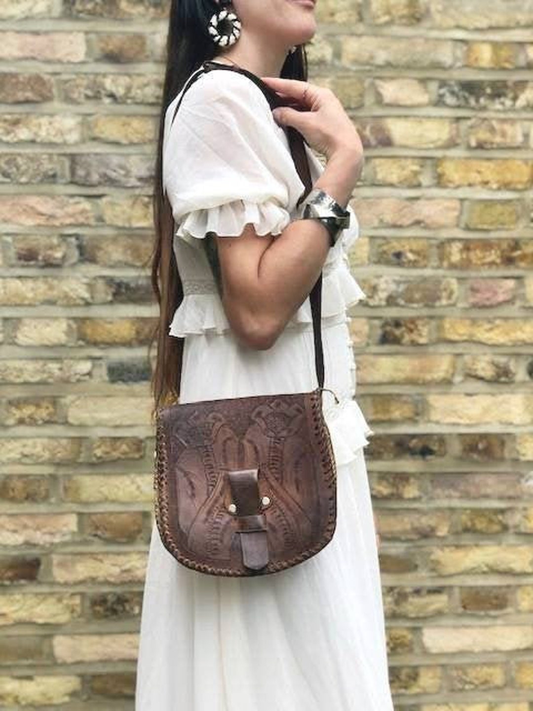 70s Floral Tooled Leather Bag, 60s Flower Leather Satchel, Bohemian Art ...
