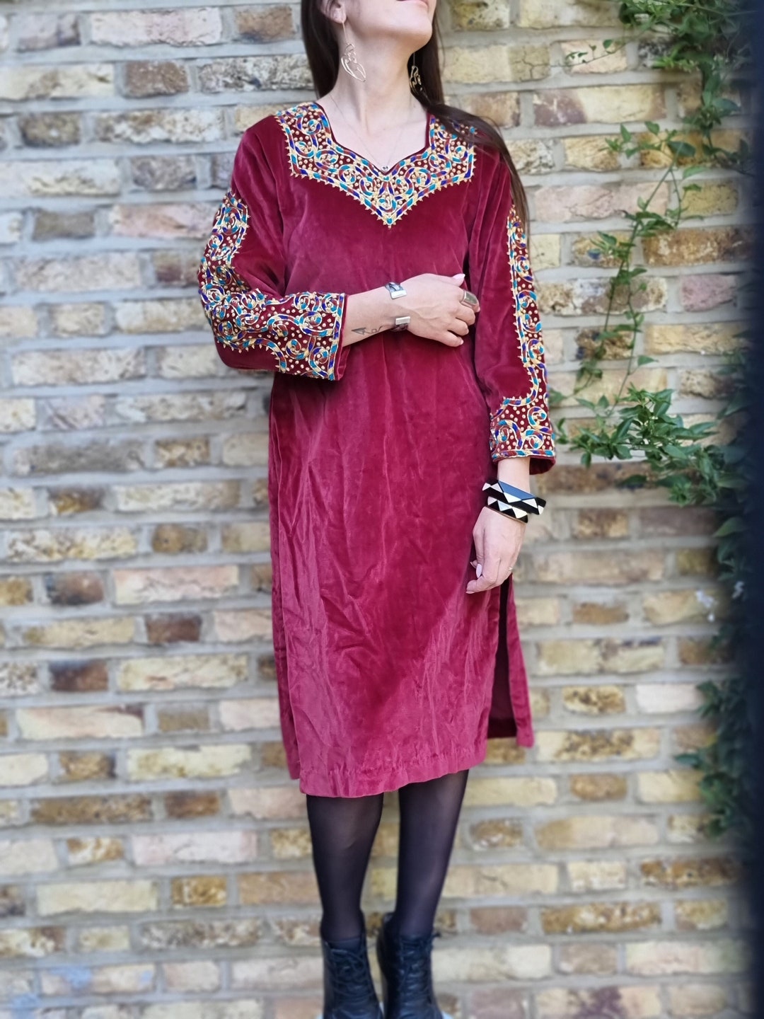 Red VELVET MAXI DRESS M 12, Ethnic Indian Kurti Tunic, Folklore Outfit ...