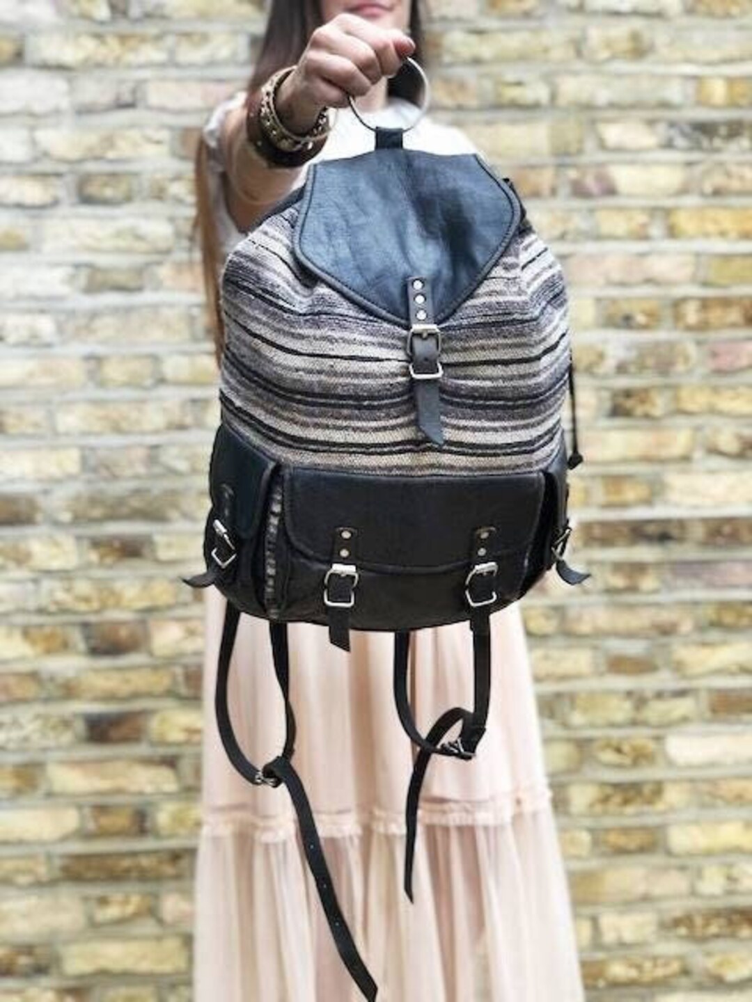 Large WOVEN LEATHER BACKPACK, Vintage Moroccan Kilim Bag, Canvas Carpet ...