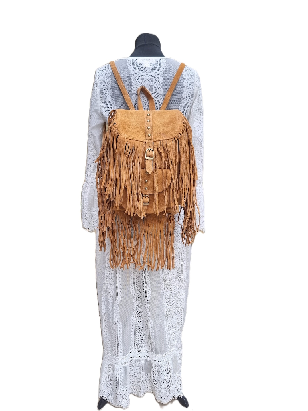 Large Women Western Leather Backpack With Fringe, Hippie Rucksack ...