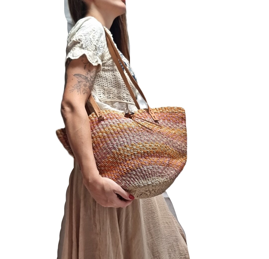 Boho Oversize Sisal Bucket Bag With Leather Straps Extra Large African ...