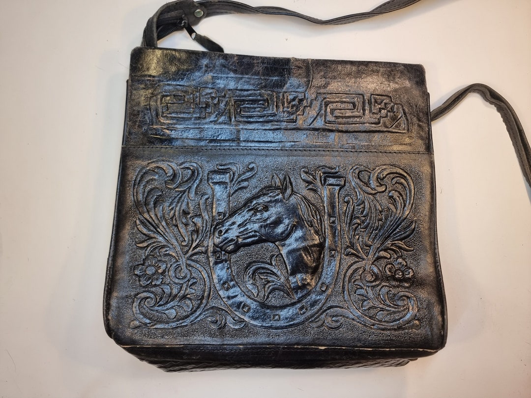 VINTAGE WESTERN BAG, Horse Head Tooled Leather Purse, 70s Cowboy Bag ...