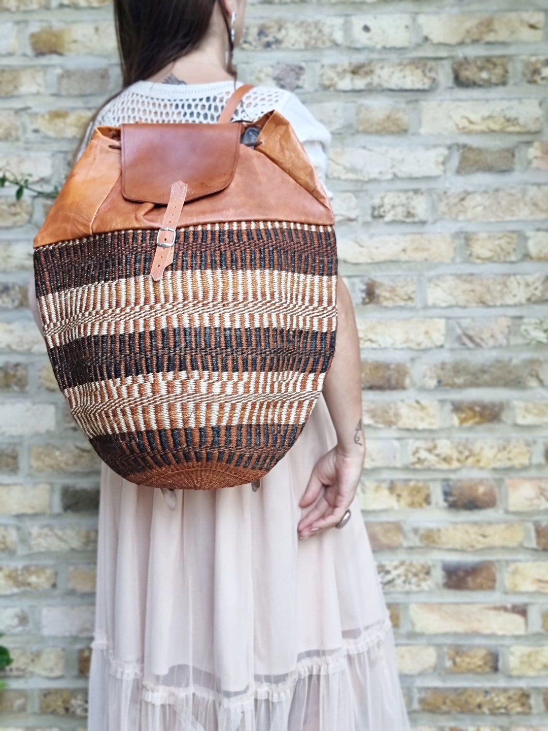 Vintage Sisal Bucket Backpack Purse With Real Leather Handles Extra ...