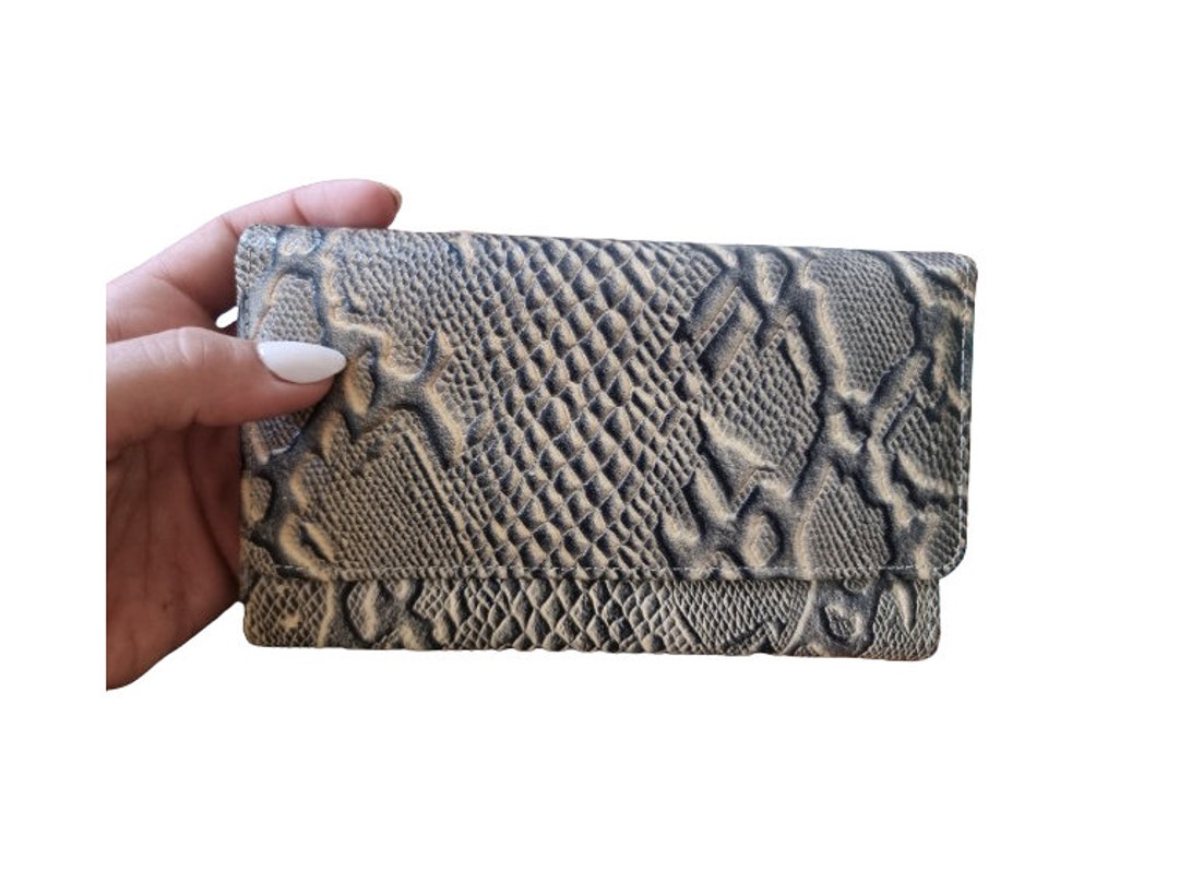 Snake Leather Wallet With Zipper - Large Genuine Leather Wallet in Grey ...